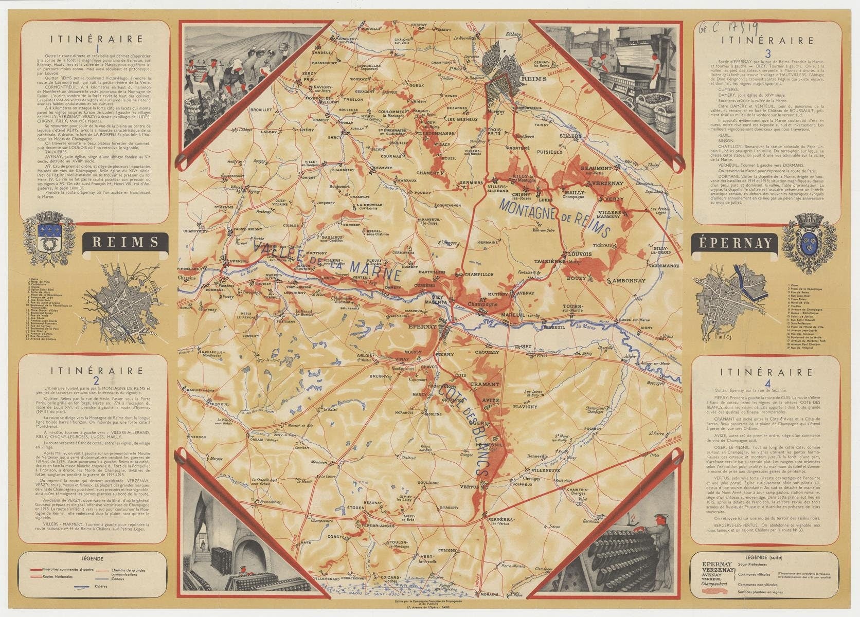 Old wine map of Champagne, Reims, Epernay, 1948 – PrintsXXL
