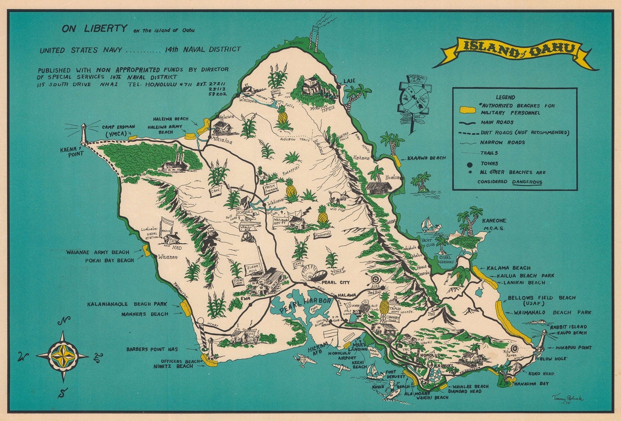 Old pictorial map of Oahu, Hawaii, 1953 – PrintsXXL